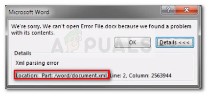 Microsoft word xml parsing error